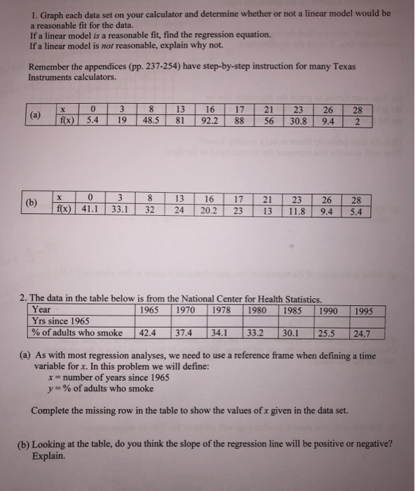 Solved 1. Graph each data set on your calculator and | Chegg.com