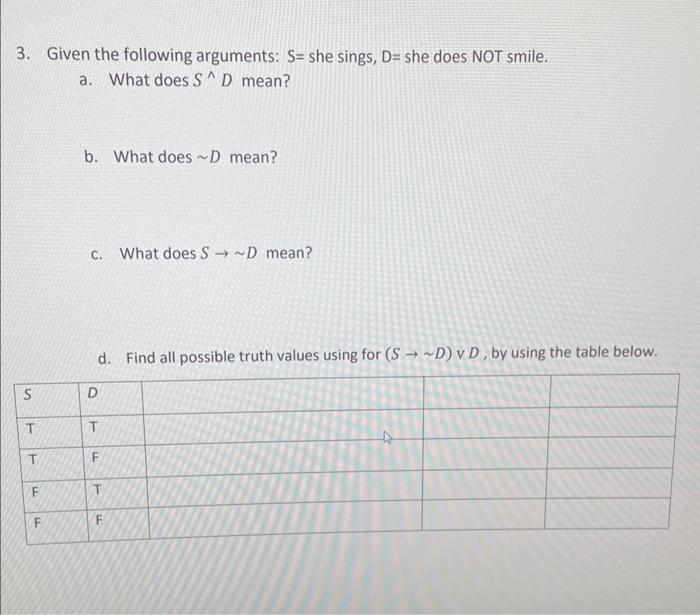 Solved Given the following arguments: S= she sings, D= she | Chegg.com