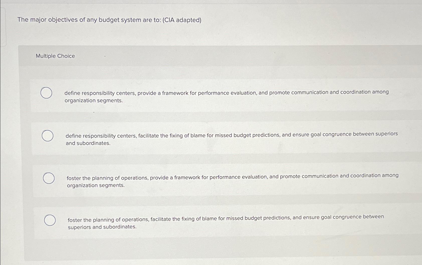 Solved The major objectives of any budget system are to: | Chegg.com