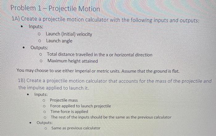 Solved Problem 1-Projectile Motion 1A) Create a projectile | Chegg.com