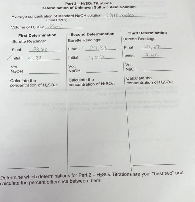 Solved 1. Calculate the concentration of H2SO4 for all three | Chegg.com