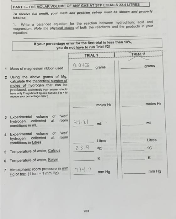 Solved PART 1 - THE MOLAR VOLUME OF ANY GAS AT STP EQUALS | Chegg.com