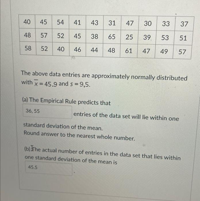 Solved The above data entries are approximately normally | Chegg.com