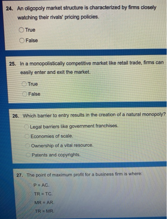 Solved 24. An oligopoly market structure is characterized by | Chegg.com