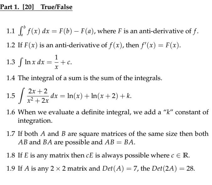 Solved 1.1∫abf(x)dx=F(b)−F(a), where F is an anti-derivative | Chegg.com