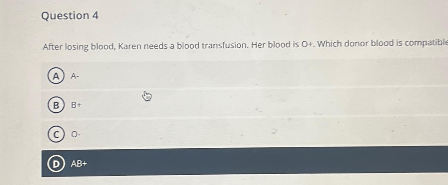 Solved Question 4After losing blood, Karen needs a blood | Chegg.com