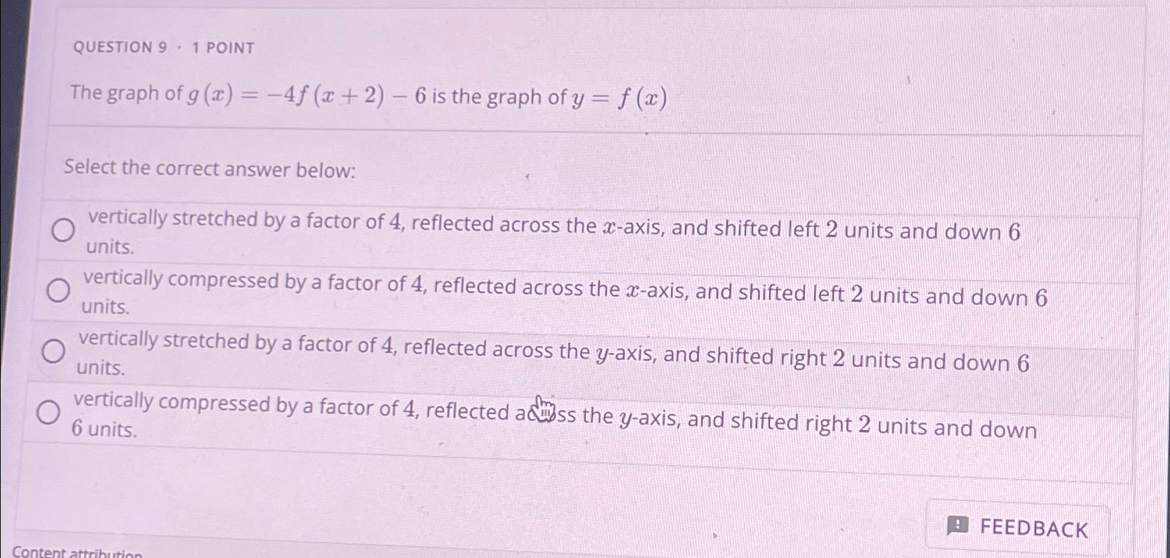 Solved QUESTION 9 - 1 POINTThe graph of g(x)=-4f(x+2)-6 is | Chegg.com Solved QUESTION 9 - 1 POINTThe graph of g(x)=-4f(x+2)-6 is | Chegg.com