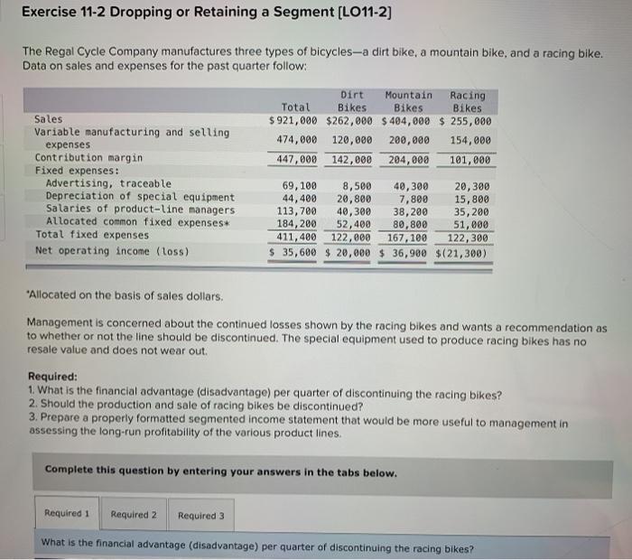 Solved Exercise 11-2 Dropping or Retaining a Segment | Chegg.com