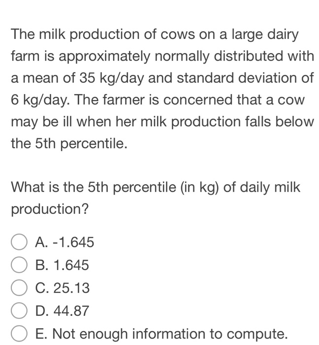 Solved The milk production of cows on a large dairy farm is | Chegg.com