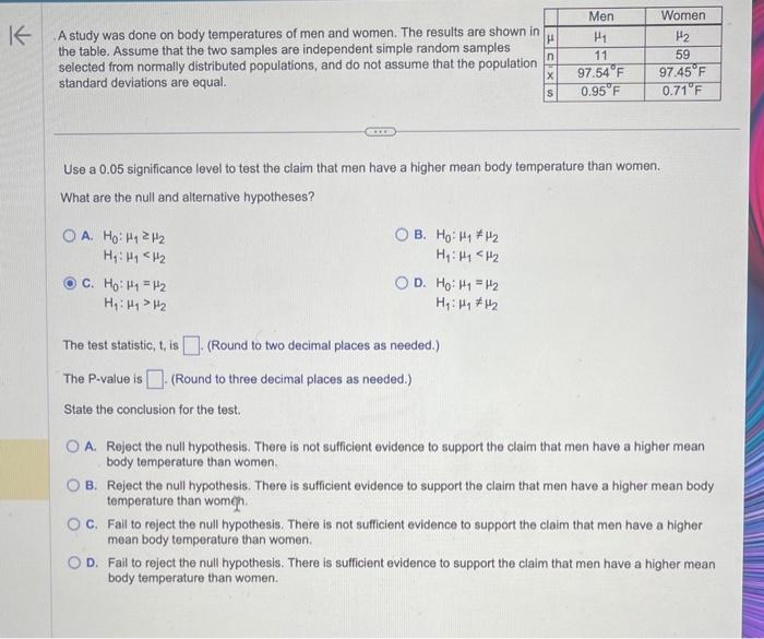 Solved A study was done on body temperatures of men and | Chegg.com