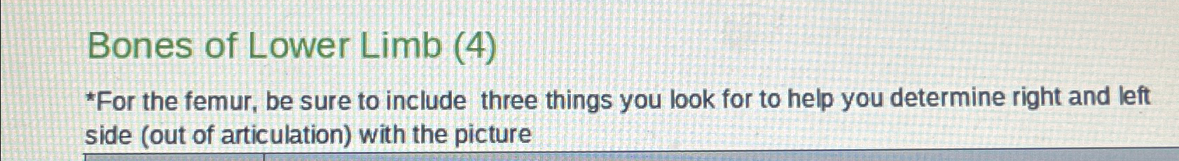 Solved Bones of Lower Limb (4)*For the femur, be sure to | Chegg.com