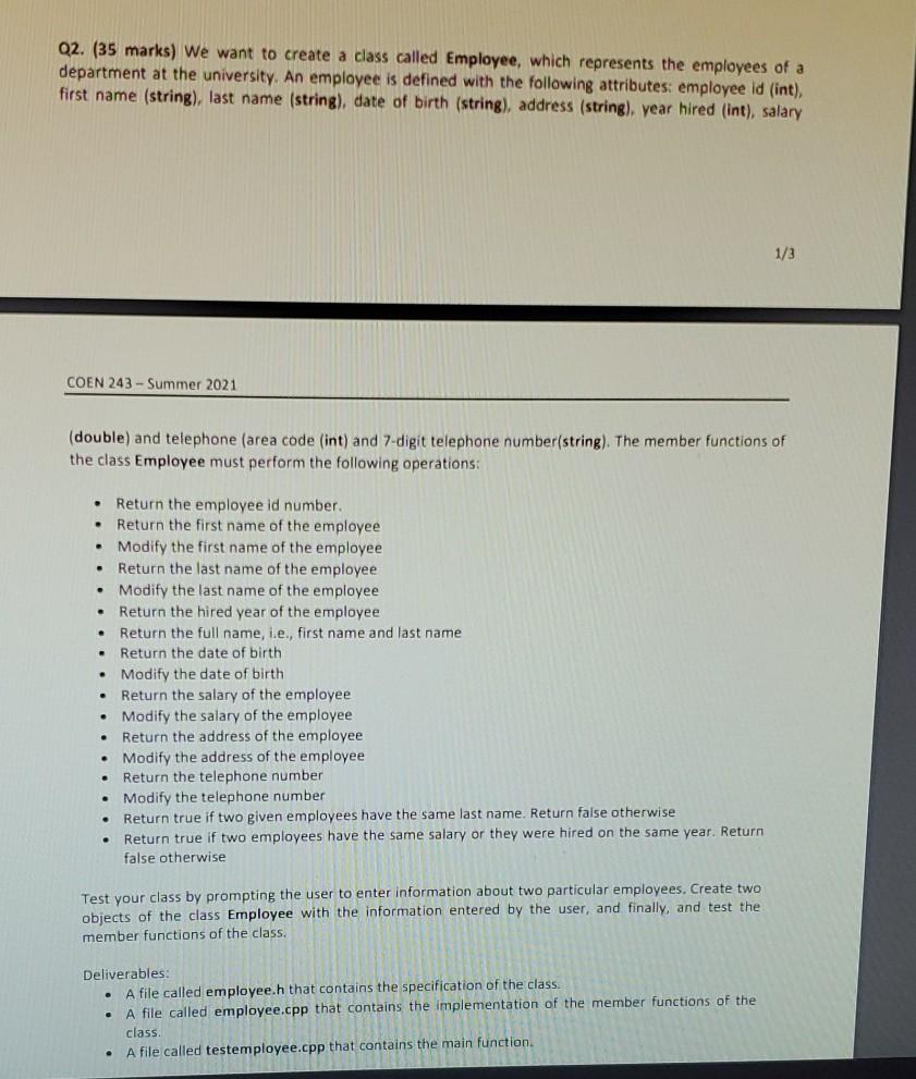 Solved Q2. (35 marks) We want to create a class called | Chegg.com