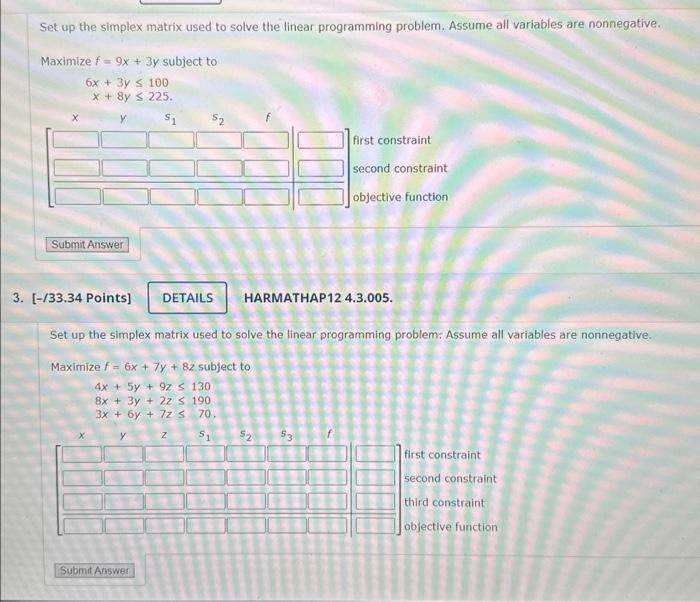 Solved Set up the simplex matrix used to solve the linear | Chegg.com