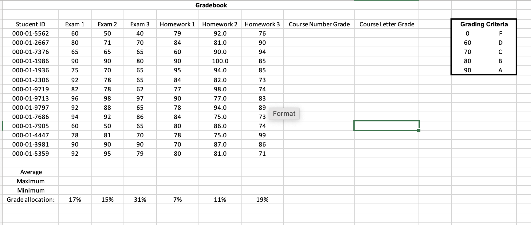 The accompanying Gradebook spreadsheet contains a | Chegg.com