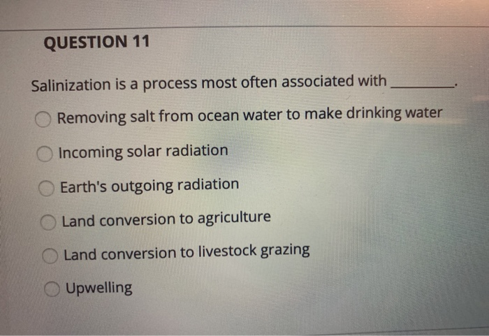 Solved QUESTION 11 Salinization is a process most often | Chegg.com