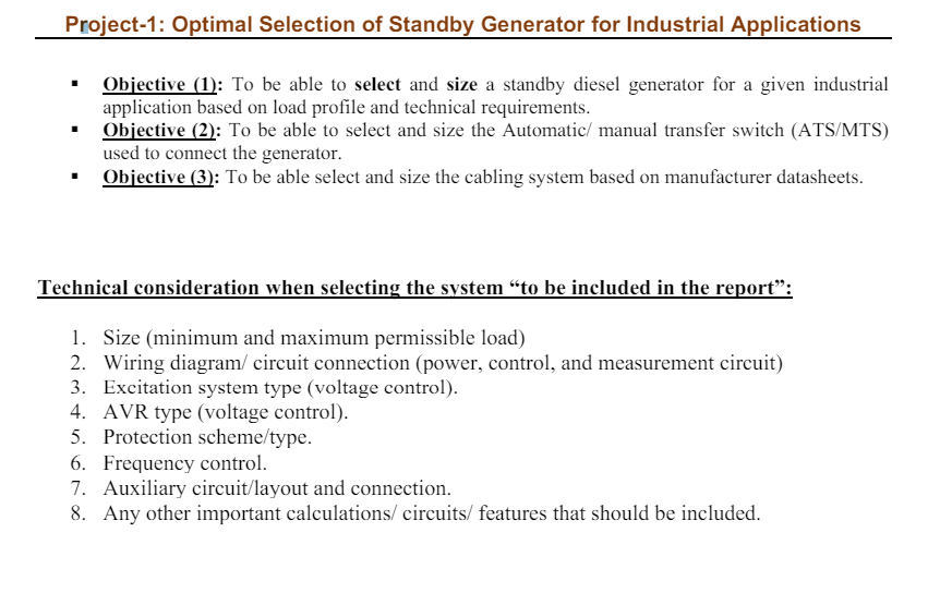 Solved Project-1: Optimal Selection of Standby Generator for | Chegg.com