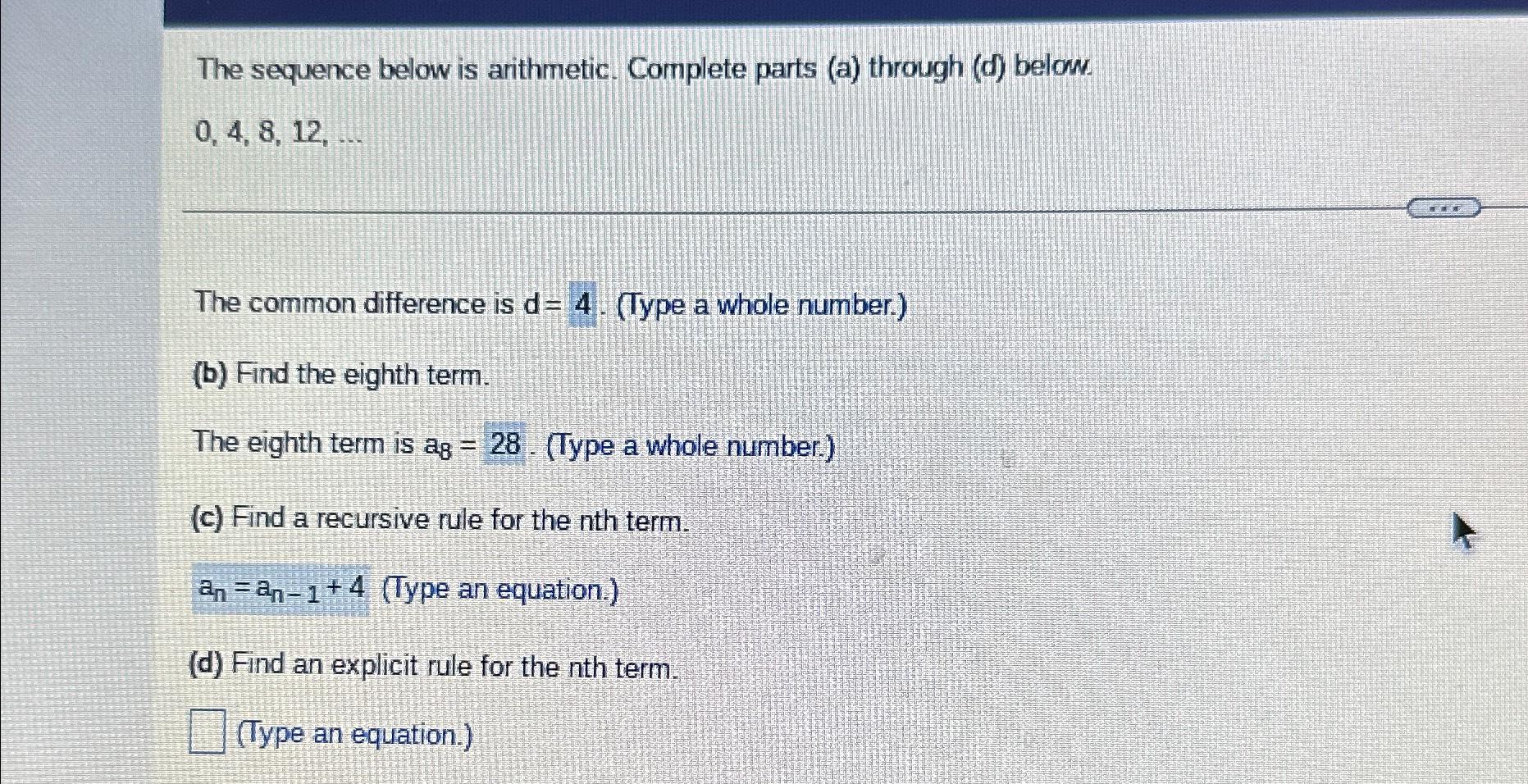 Solved The sequence below is arithmetic. Complete parts (a) | Chegg.com