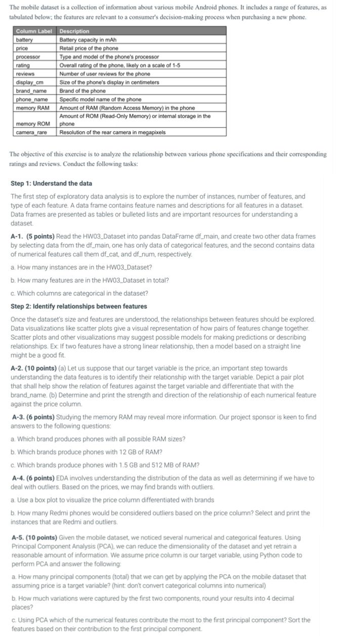 Solved The mobile dataset is a collection of information | Chegg.com