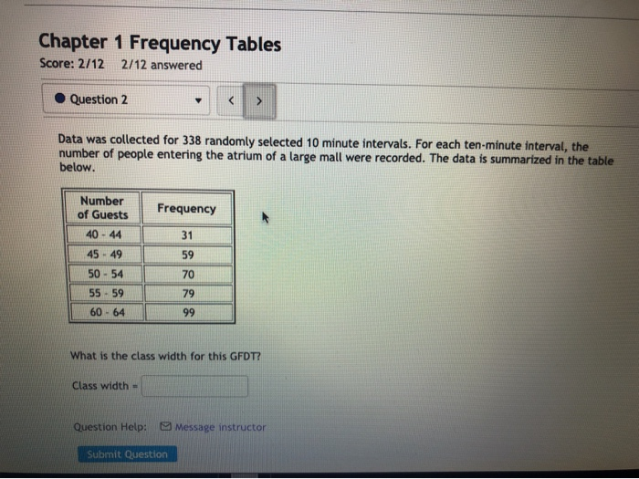Solved Chapter 1 Frequency Tables Score: 2/122/12 answered | Chegg.com