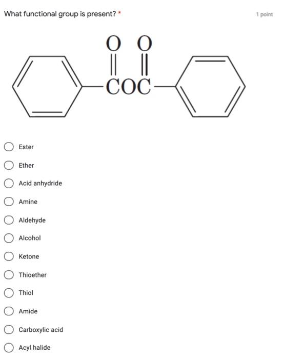 Solved What functional group is present?* O CHCOCH,CH | Chegg.com