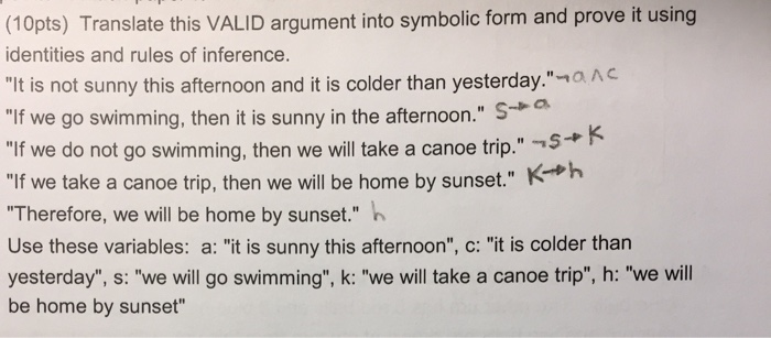 Solved (10pts) Translate this VALID argument into symbolic | Chegg.com