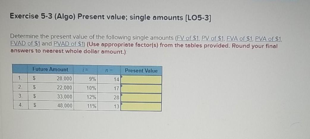 Solved Exercise 5-3 (Algo) Present value; single amounts | Chegg.com