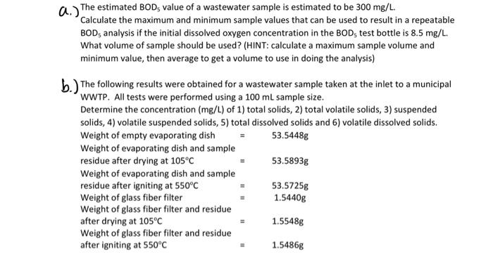 Solved a.) The estimated BOD5 value of a wastewater sample | Chegg.com