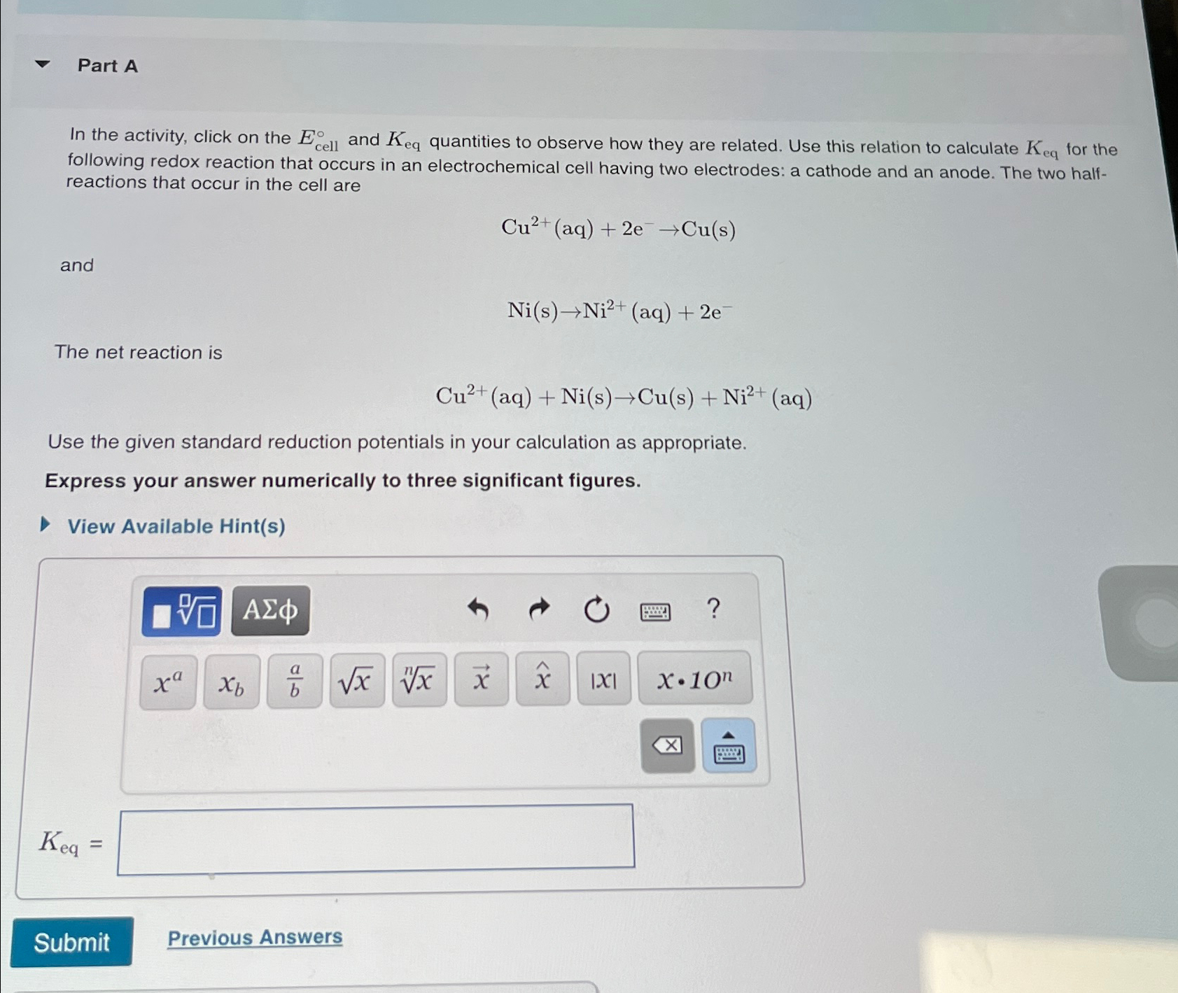 Solved Part AIn the activity, click on the Ecell ° ﻿and Keq | Chegg.com