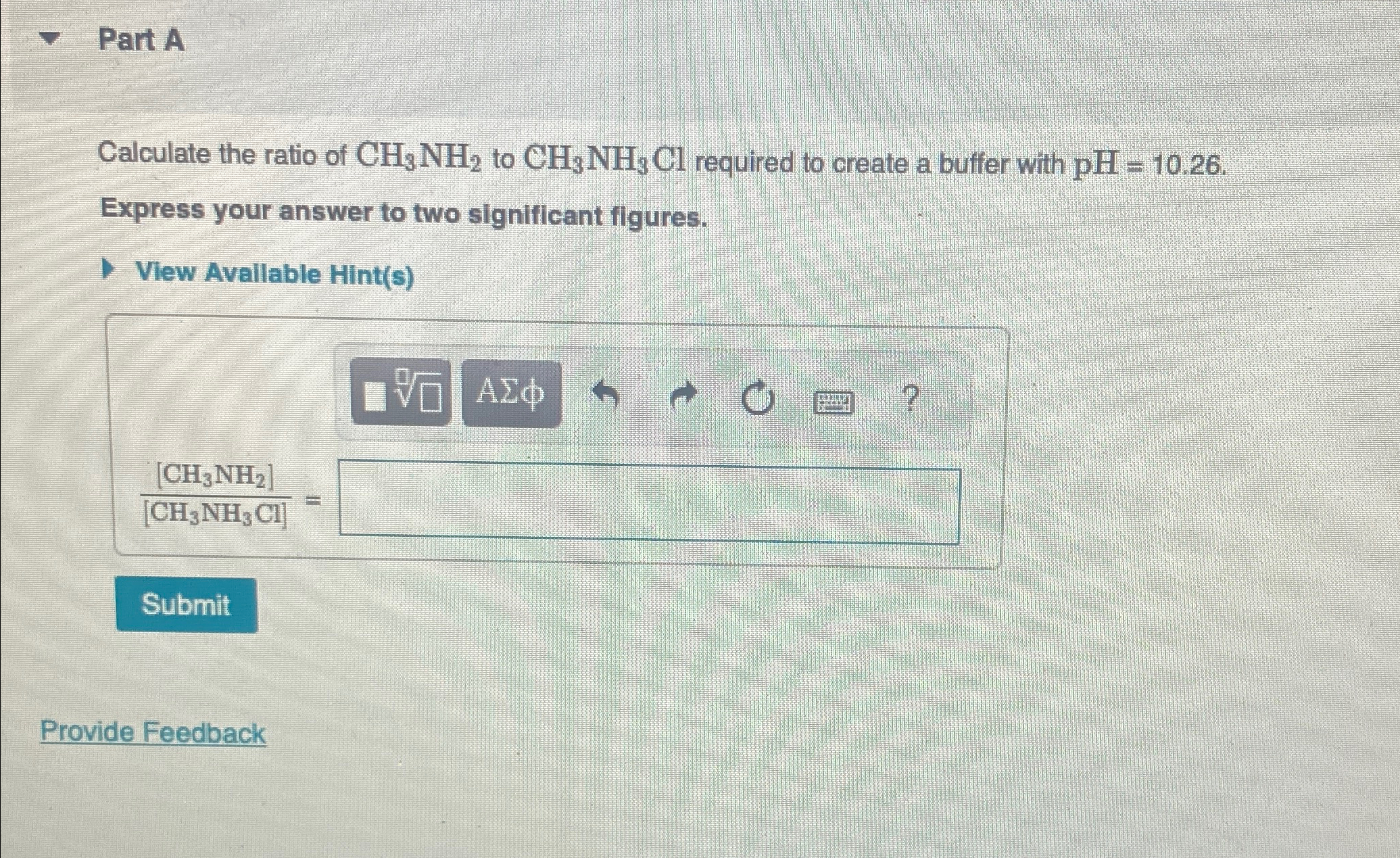 Solved Part ACalculate the ratio of CH3NH2 ﻿to CH3NH3Cl | Chegg.com