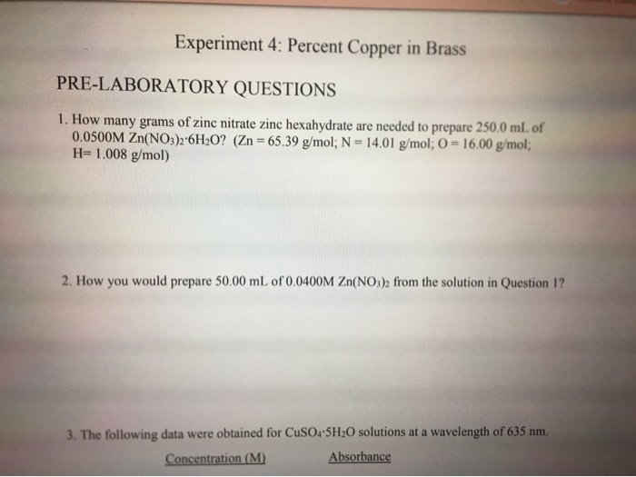 Solved Experiment 4: Percent Copper in Brass PRE-LABORATORY | Chegg.com