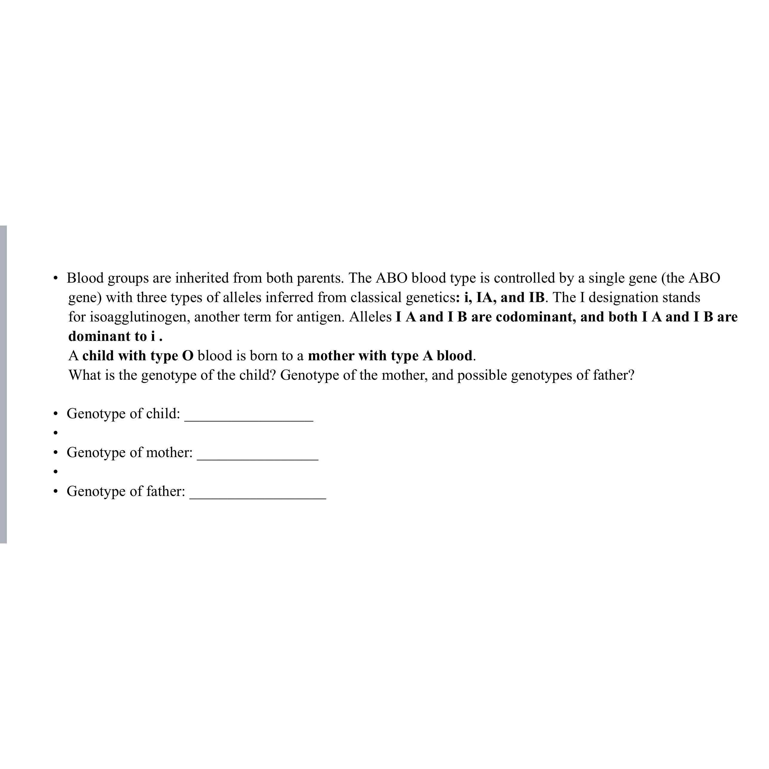 Solved Blood groups are inherited from both parents. The ABO | Chegg.com