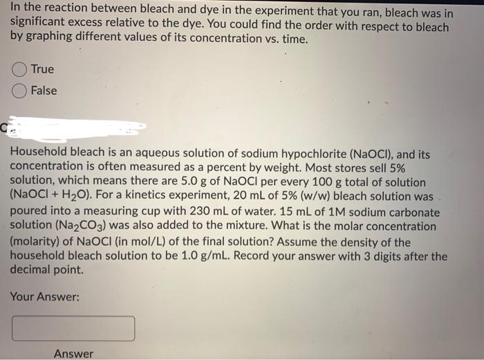 Solved In the reaction between bleach and dye in the | Chegg.com