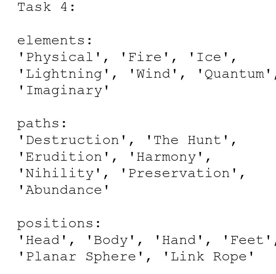 Solved Task 4: elements: 'Physical', 'Fire', 'Ice', | Chegg.com