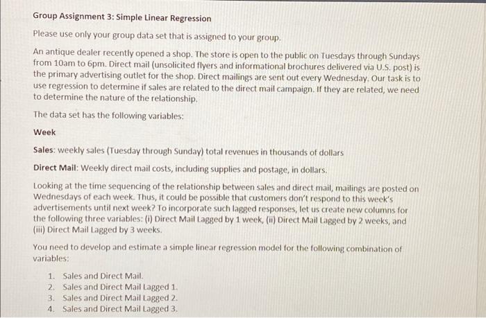 Solved Group Assignment 3: Simple Linear Regression Please | Chegg.com