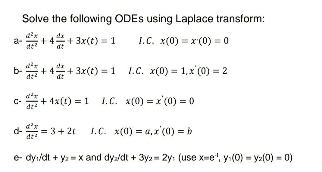 Solved Solve the following ODEs using Laplace transform: a- | Chegg.com