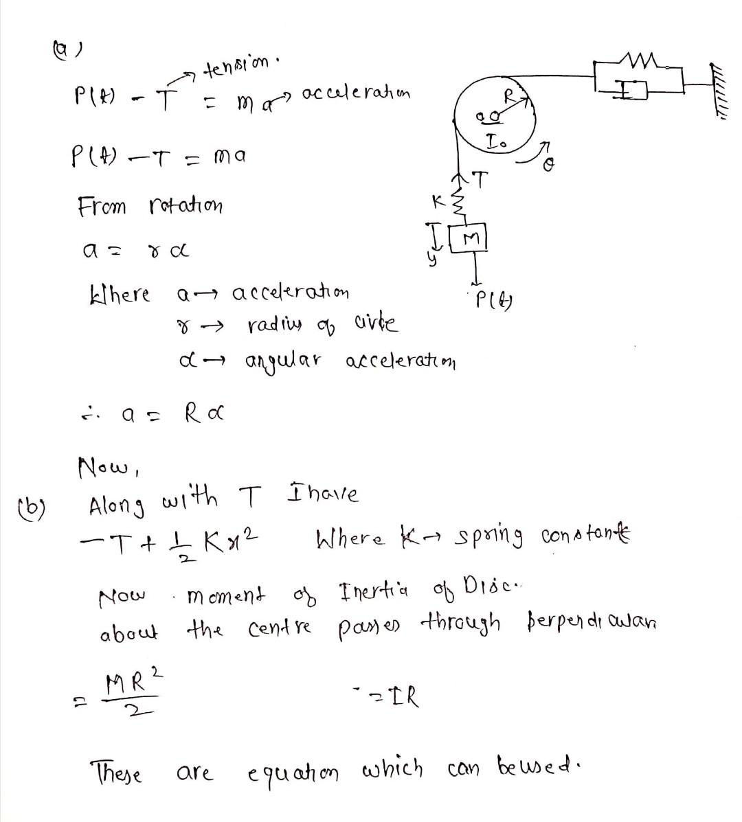 Solved (a) P(t)−T=ma acculeration. P(t)−T=ma From rotation | Chegg.com