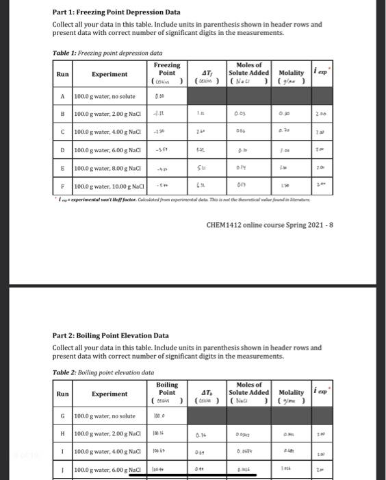 Part 1: Freezing Point Depression Data Collect all | Chegg.com