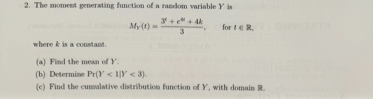 Solved The moment generating function of a random variable Y | Chegg.com