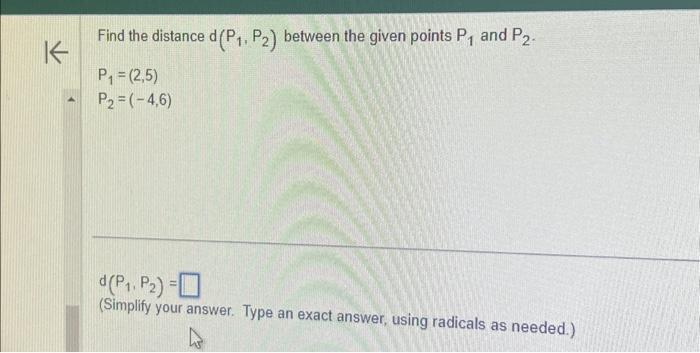 Solved Find the distance d (P₁, P2) between the given points | Chegg.com