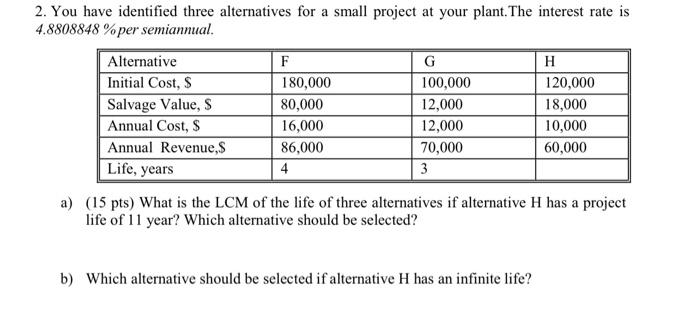 Solved 2. You have identified three alternatives for a small | Chegg.com