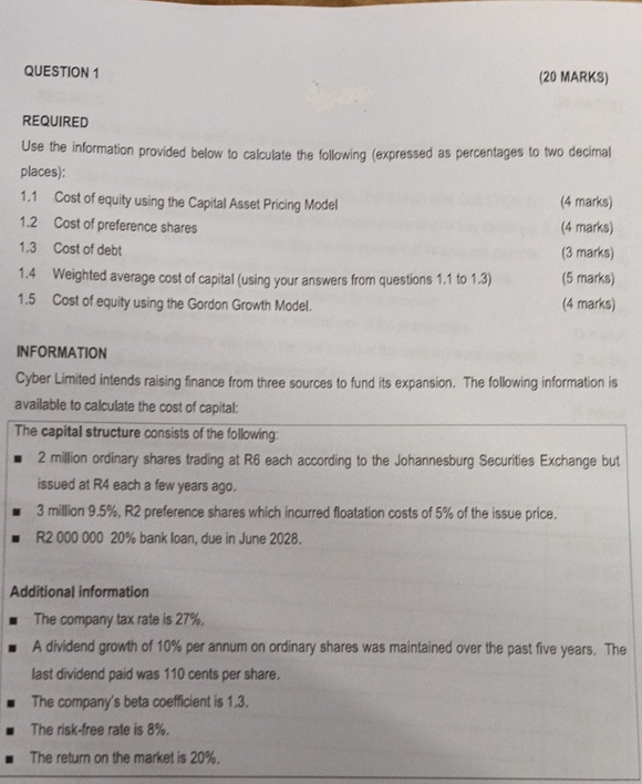 Solved QUESTION 1(20 ﻿MARKS)REQUIREDUse the information | Chegg.com