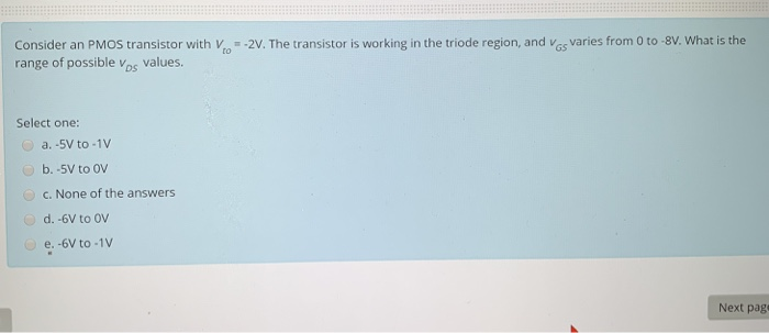 Solved Consider an PMOS transistor with V--2V. The | Chegg.com