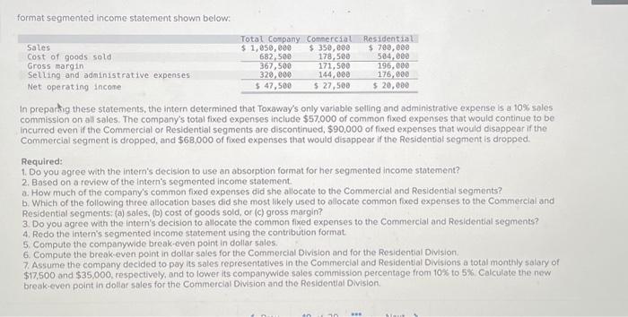 Solved format segmented income statement shown below: Sales | Chegg.com