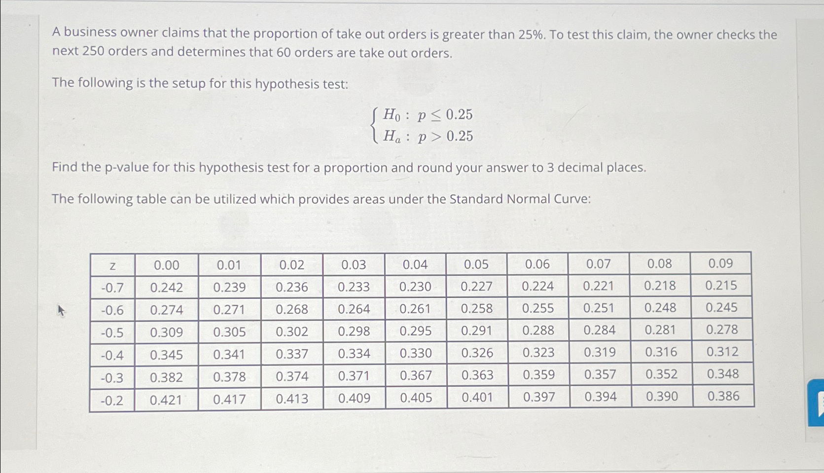Solved A business owner claims that the proportion of take | Chegg.com