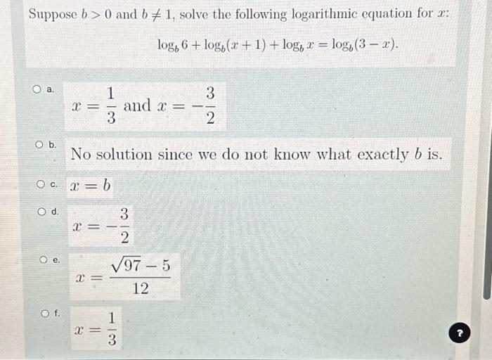 Solved Suppose b>0 and b =1, solve the following logarithmic | Chegg.com