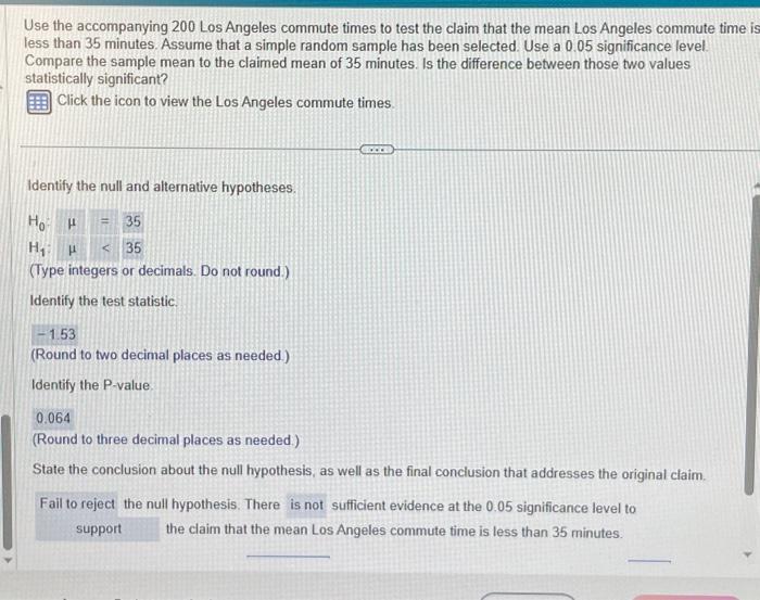 Solved Use the accompanying 200 Los Angeles commute times to | Chegg.com