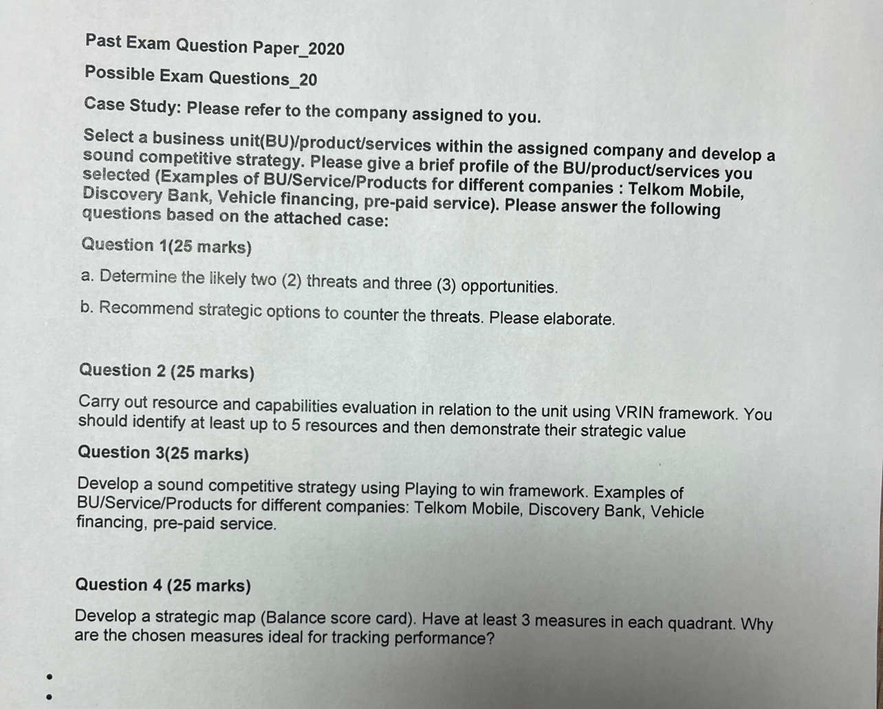 Solved Past Exam Question Paper_2020Possible Exam | Chegg.com