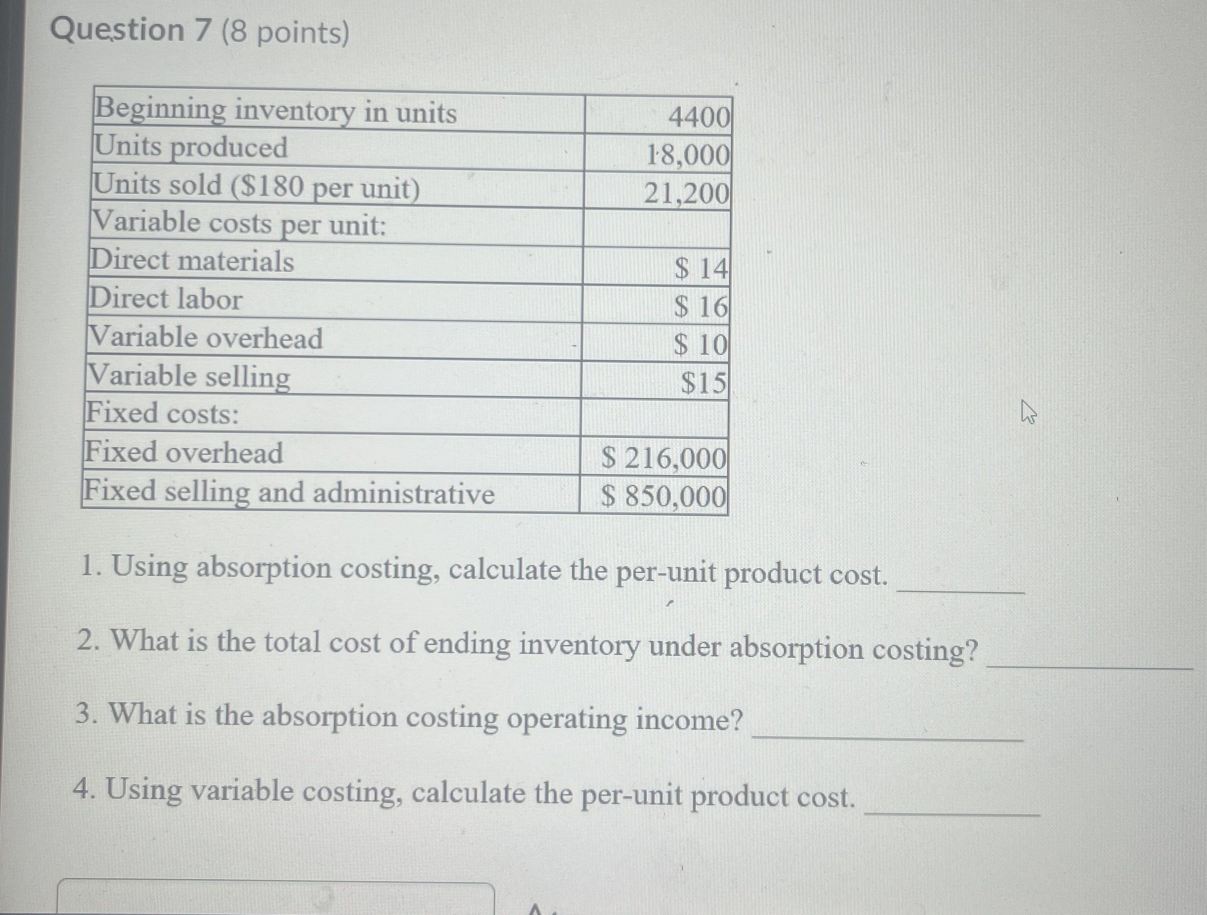Solved Question 7 (8 ﻿points)\table[[Beginning inventory in | Chegg.com