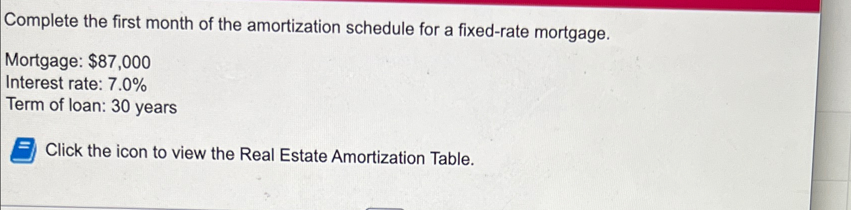 Solved Complete the first month of the amortization schedule | Chegg.com
