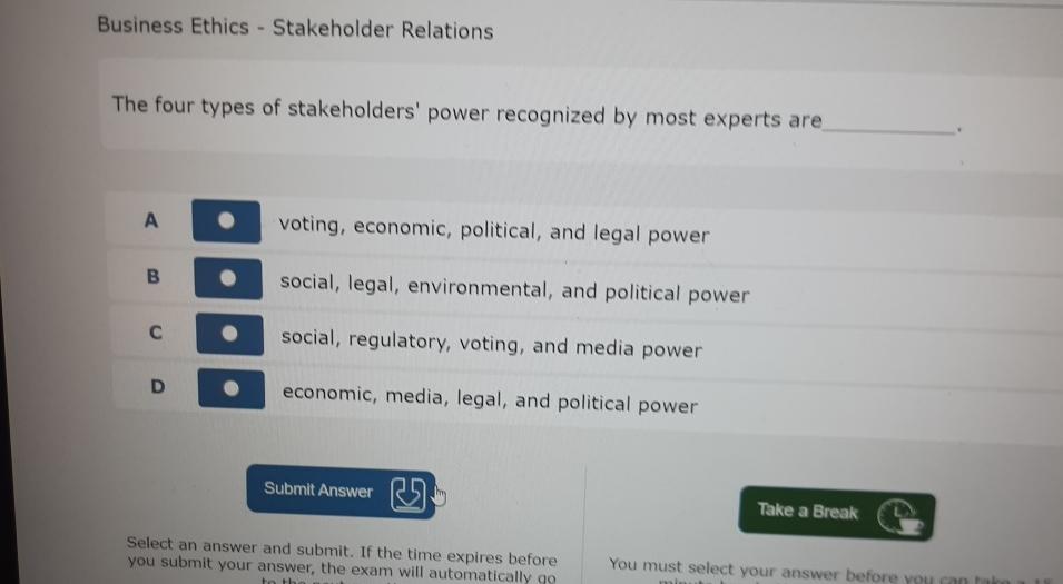 Solved Business Ethics - ﻿Stakeholder RelationsThe four | Chegg.com
